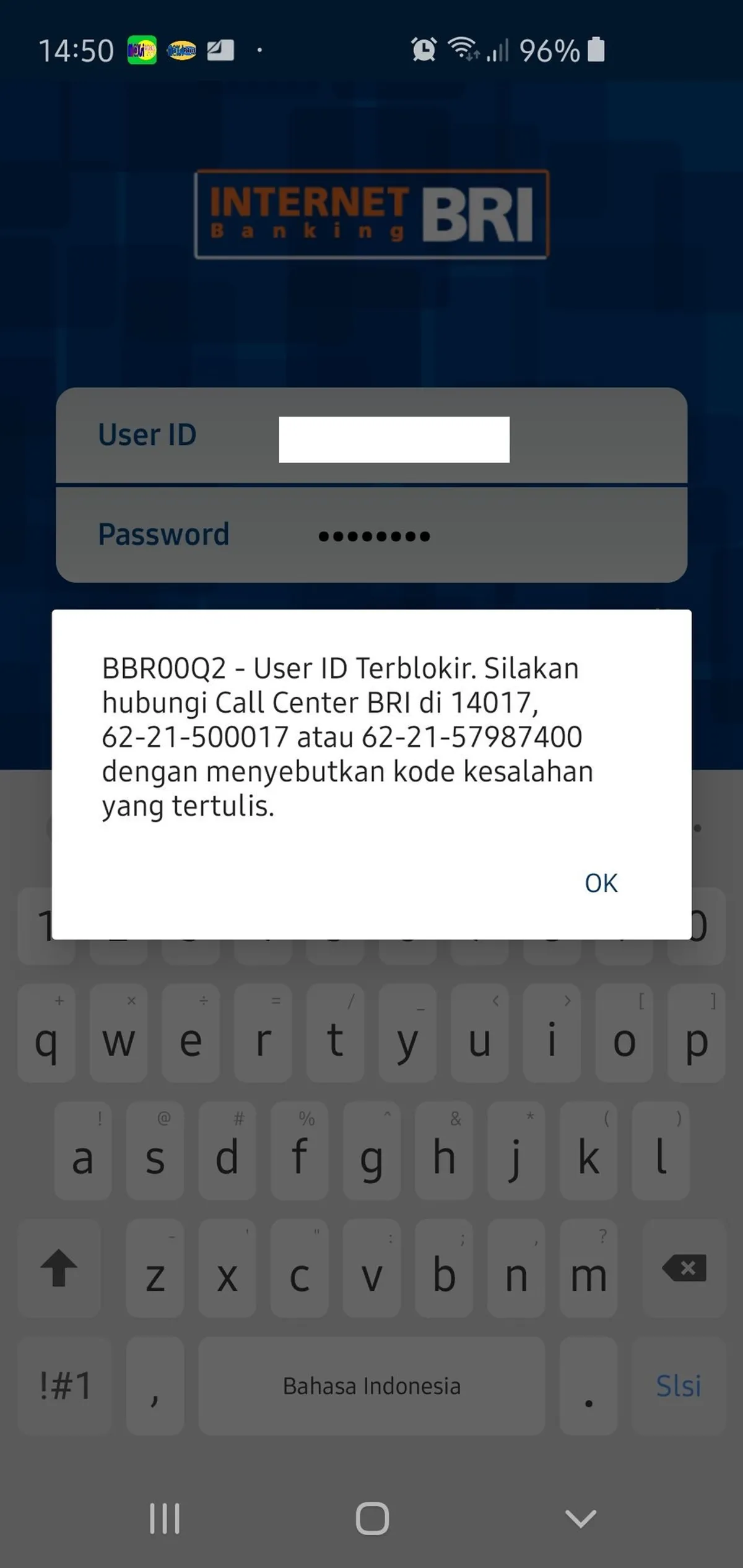 Internet Mobile Banking BRI : BBR00Q2 & User ID Terblokir